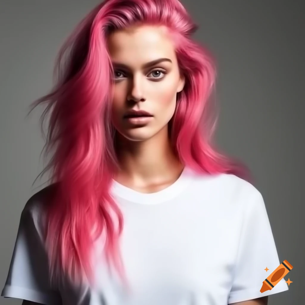 Portrait of female supermodel with pink hair in white t-shirt ...