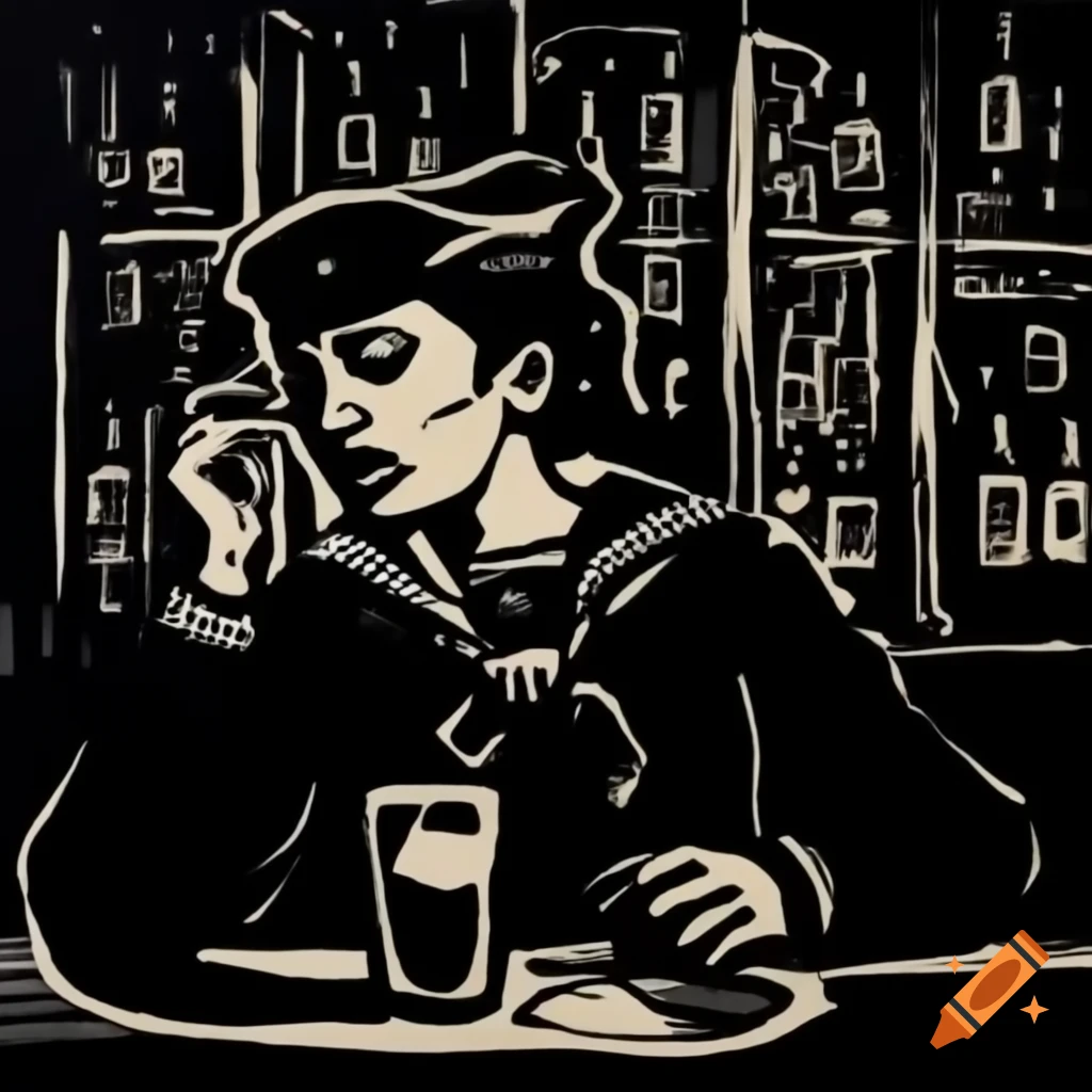 Lone sailor at bar in linocut style, reflecting in a gloomy atmosphere ...