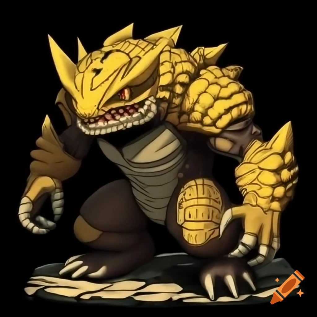 Primordial lizardman with yellow eyes holding a glowing club, emerging ...