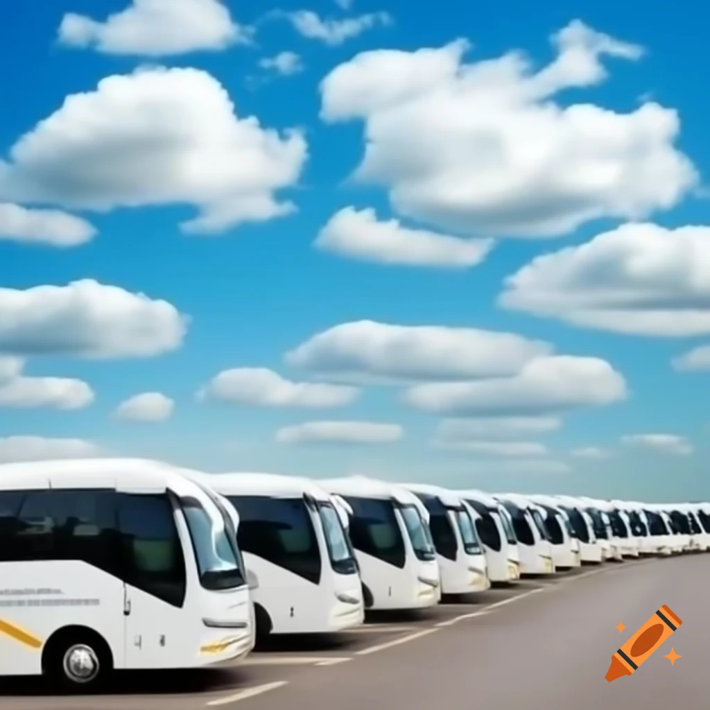 White buses lined up for a field trip under the sky on Craiyon