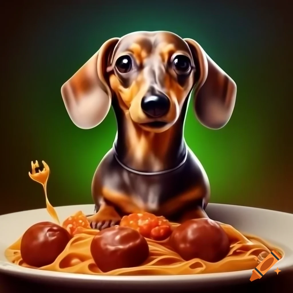 Dachshund slurping spaghetti and meatballs enthusiastically on Craiyon