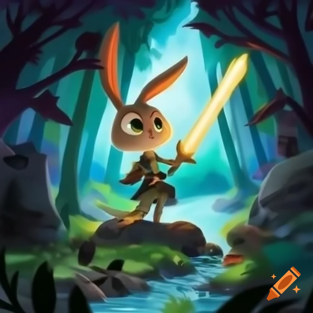 Brave pixar-style rabbit with sword in enchanted forest facing dragon ...