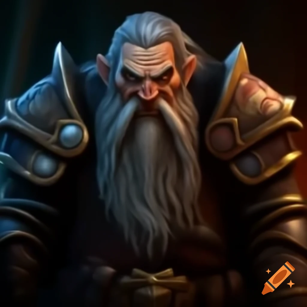 Paladin dwarf with weathered face and silver hair in tattered armor on ...