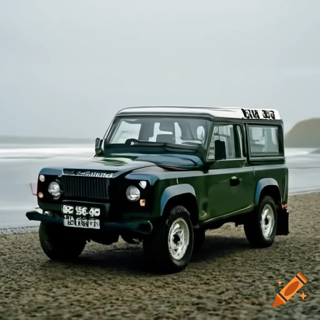 2002 Land Rover Defender parked on a pebble beach during rain on Craiyon