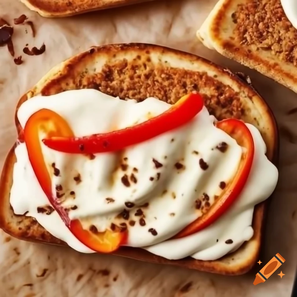 Sourdough toast topped with cream cheese and bell peppers on Craiyon