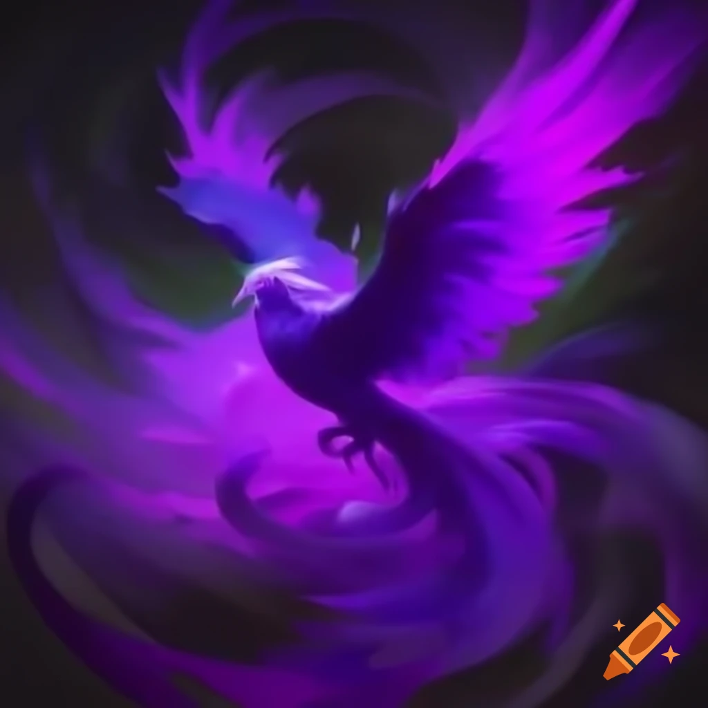 Battered phoenix flying through psychedelic purple energy with ...