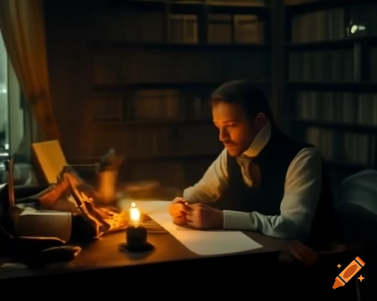 Dimly lit study room with man in 1800s attire sketching at wooden desk ...