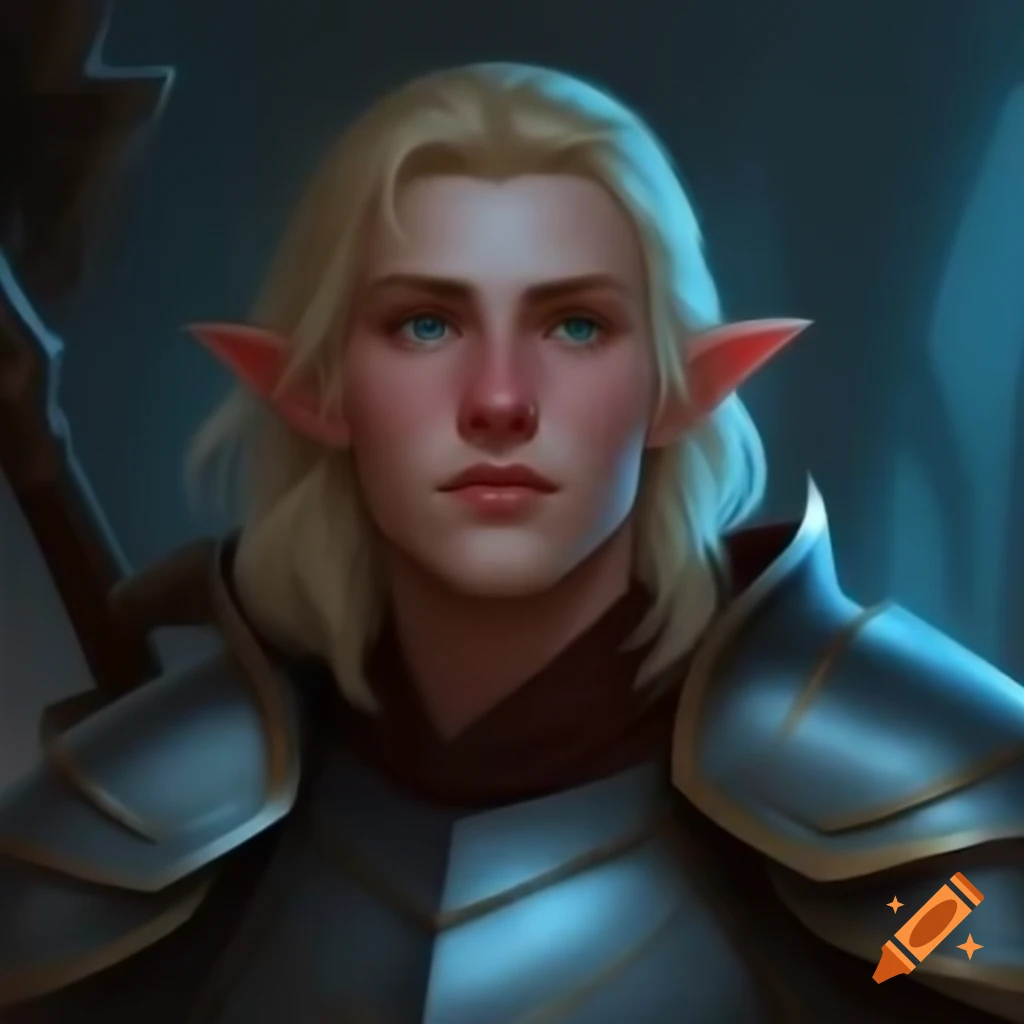 Young male elf knight in plate armor with light blond hair on Craiyon