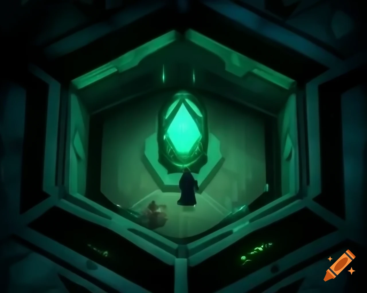 Mysterious octagonal chamber with eerie lights and strange symbols on ...