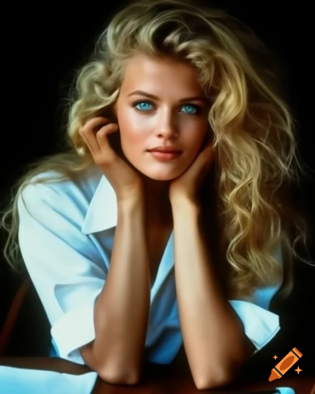 Blonde woman with 1980s hairstyle sitting at desk, smiling on Craiyon