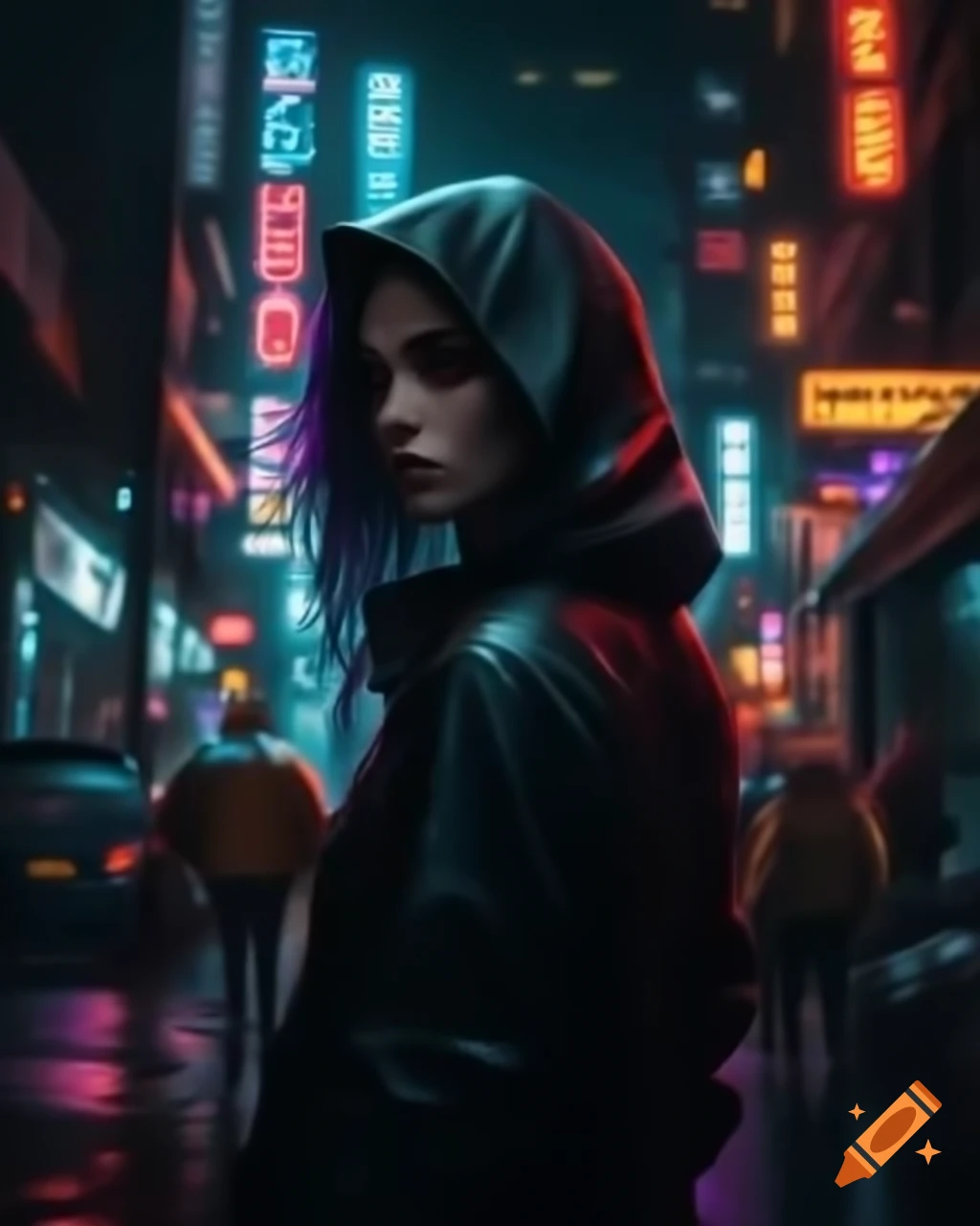 Mysterious figure in black and red running through neon-lit city at ...