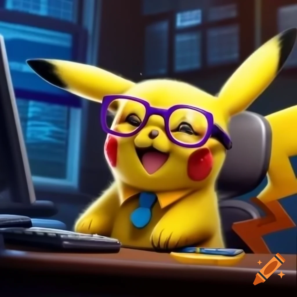 Pikachu in a suit and glasses working at a computer in a law firm ...