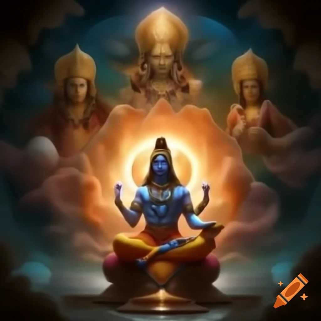 3d depiction of lord brahma, lord vishnu, and lord shiva in a celestial setting on Craiyon