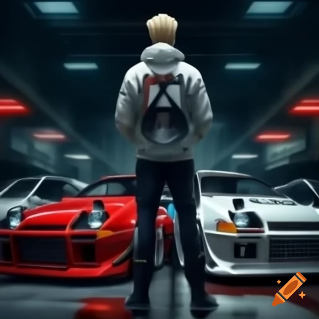 Blonde gamer with collection of retro JDM cars, ready for a race on Craiyon