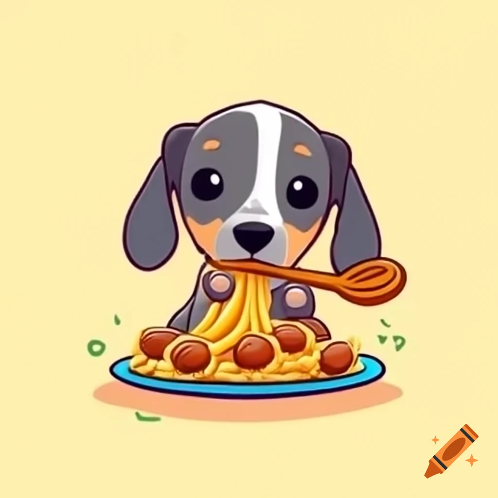 Dachshund slurping spaghetti and meatballs enthusiastically on Craiyon