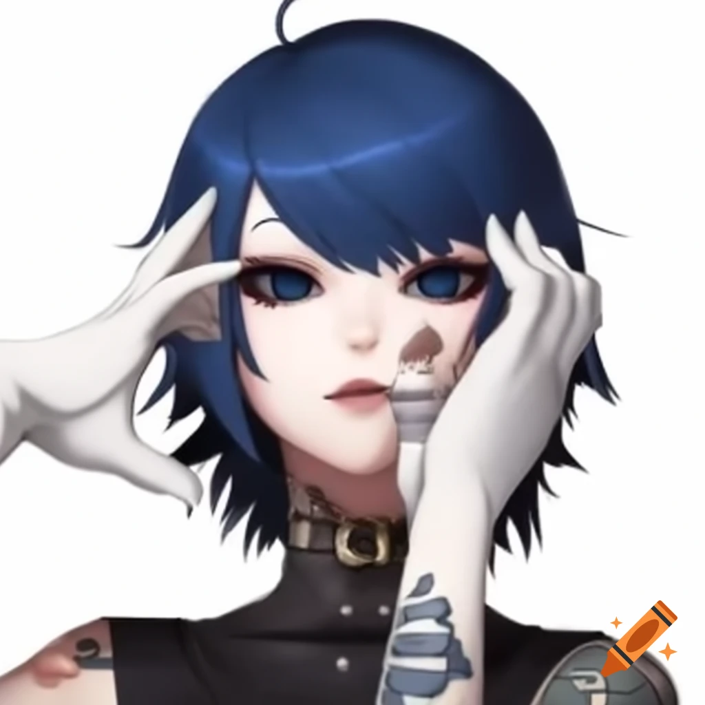 Character design of Cryline, a 5'10 figure with black eyes and dark ...