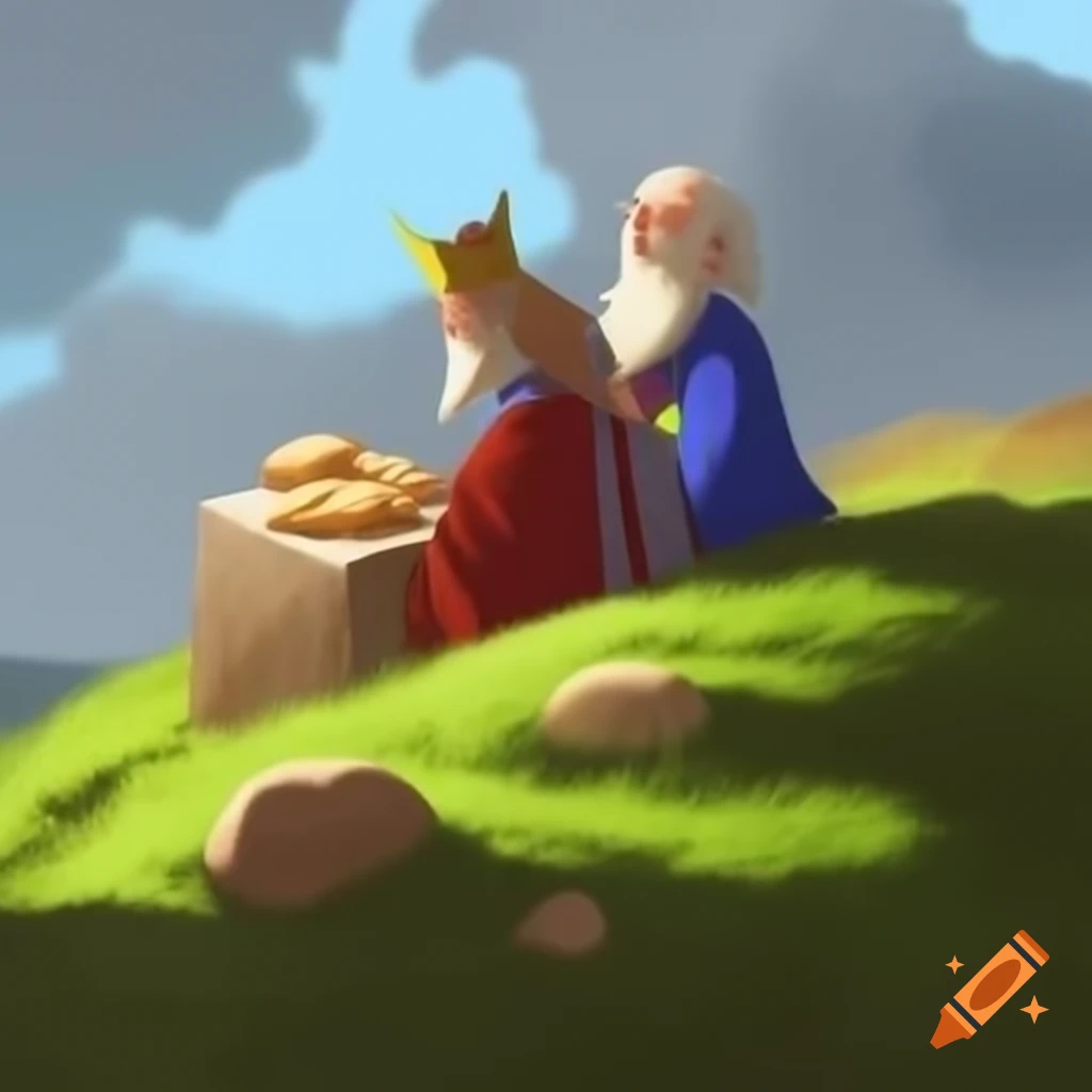 King and commoner sharing a meal on a verdant hill on Craiyon