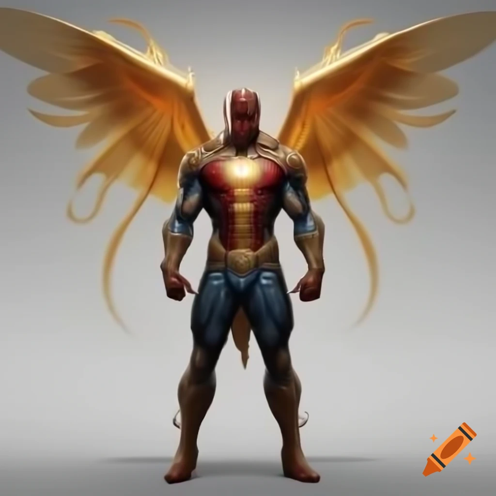 Superhero with elemental wings and dynamic costume design on Craiyon