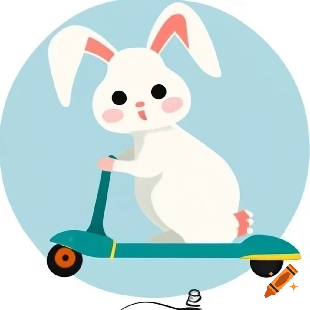 Vintage illustration of a white rabbit on a kick scooter on Craiyon