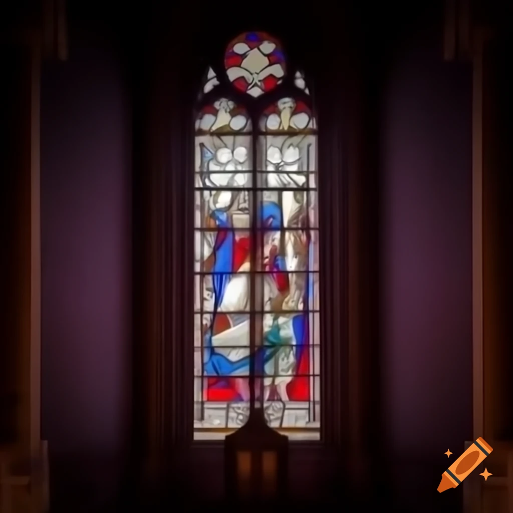Stained-glass window in chapel depicting modern leader in elegant ...