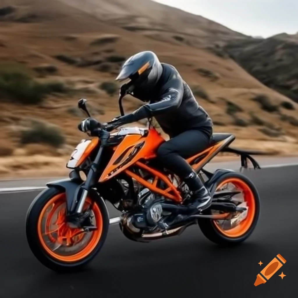 Biker riding ktm motorcycle on hilly road during summer on Craiyon