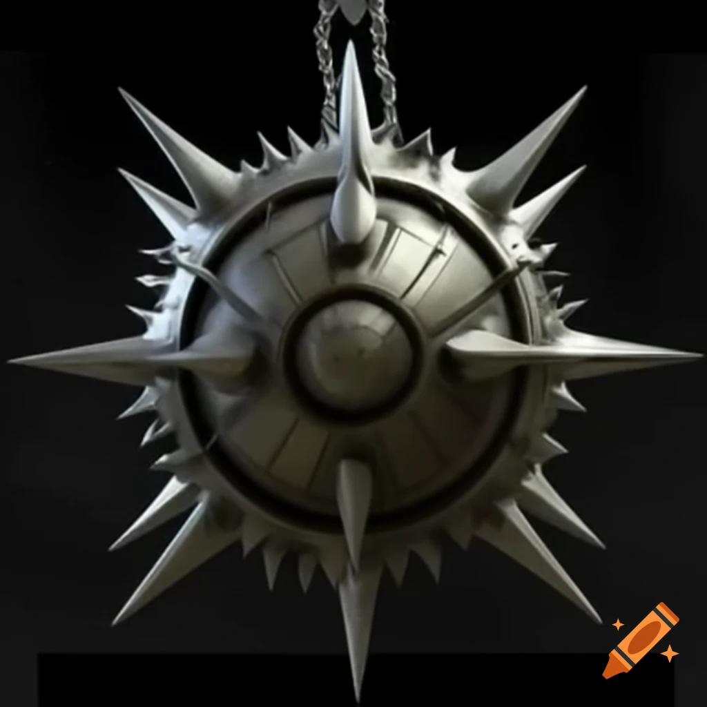 Large spiked metal ball on thick chain, showing wear and rough texture ...