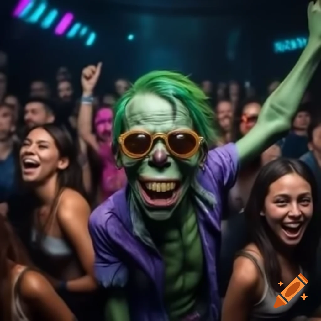 Zombie in sunglasses at a lively rave with dancing crowd on Craiyon