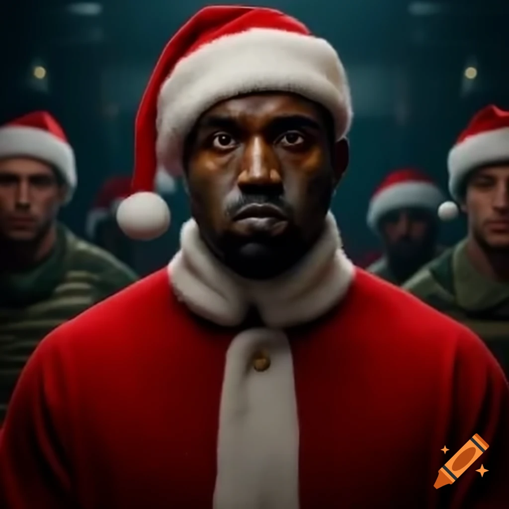 Kanye West dressed as Santa Claus with an army of elves on Craiyon