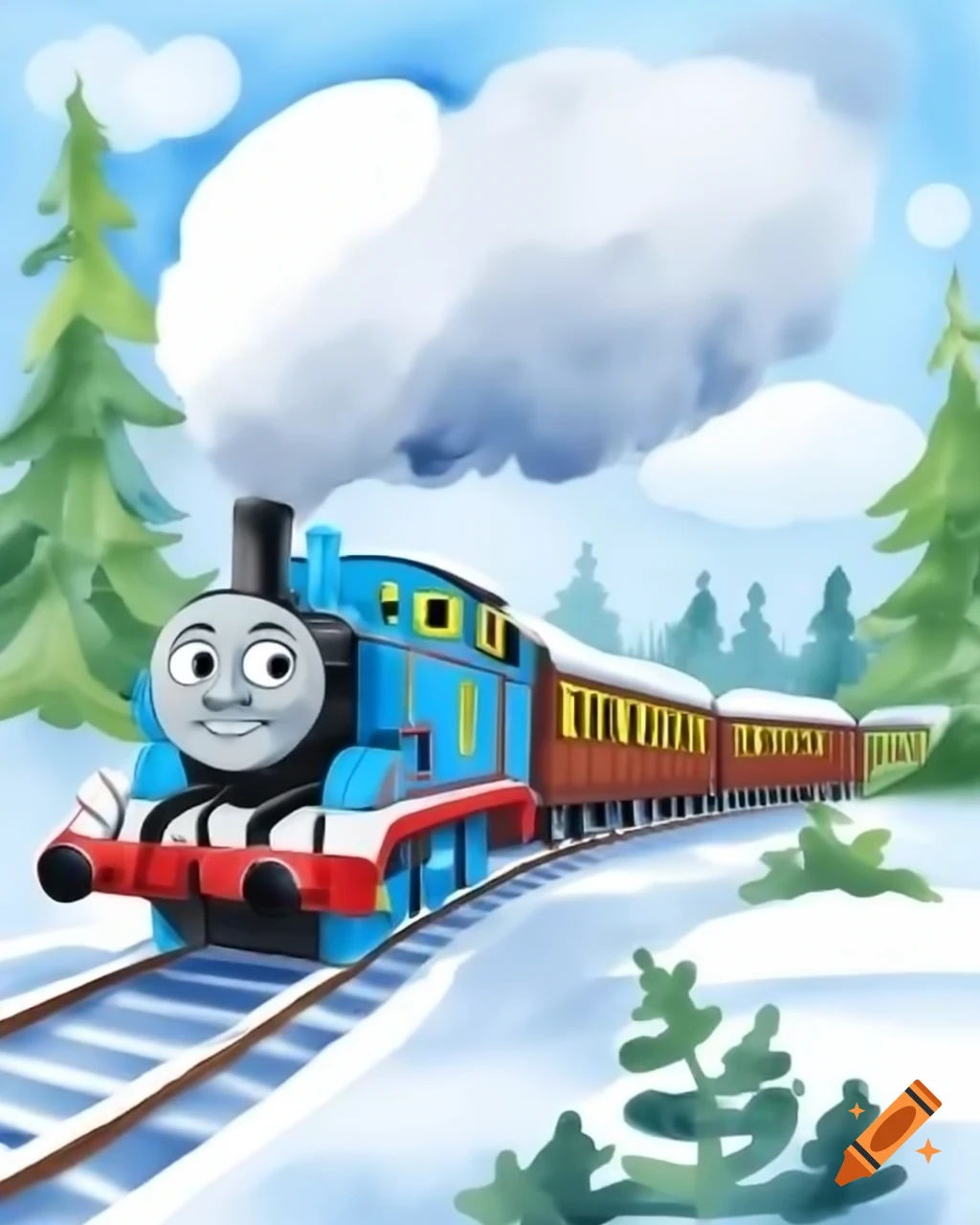 Thomas the tank engine chugging through a snowy landscape on Craiyon