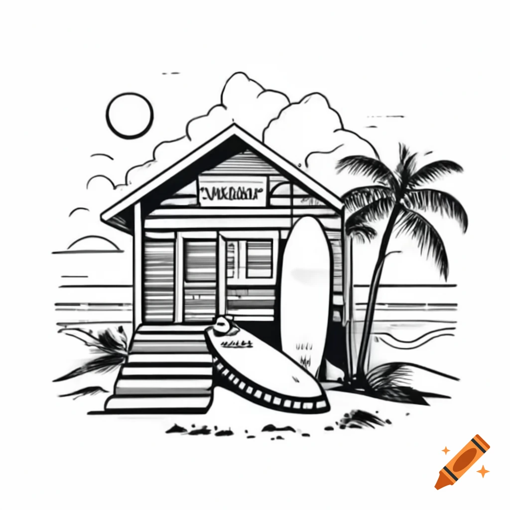 Monochrome drawing of beach shack with surfboard, palm tree, and sunset ...