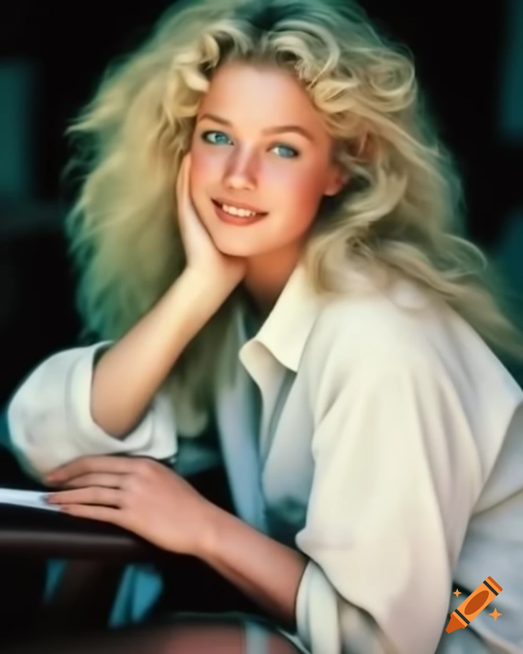 Blonde woman with 1980s hairstyle sitting at desk, smiling on Craiyon