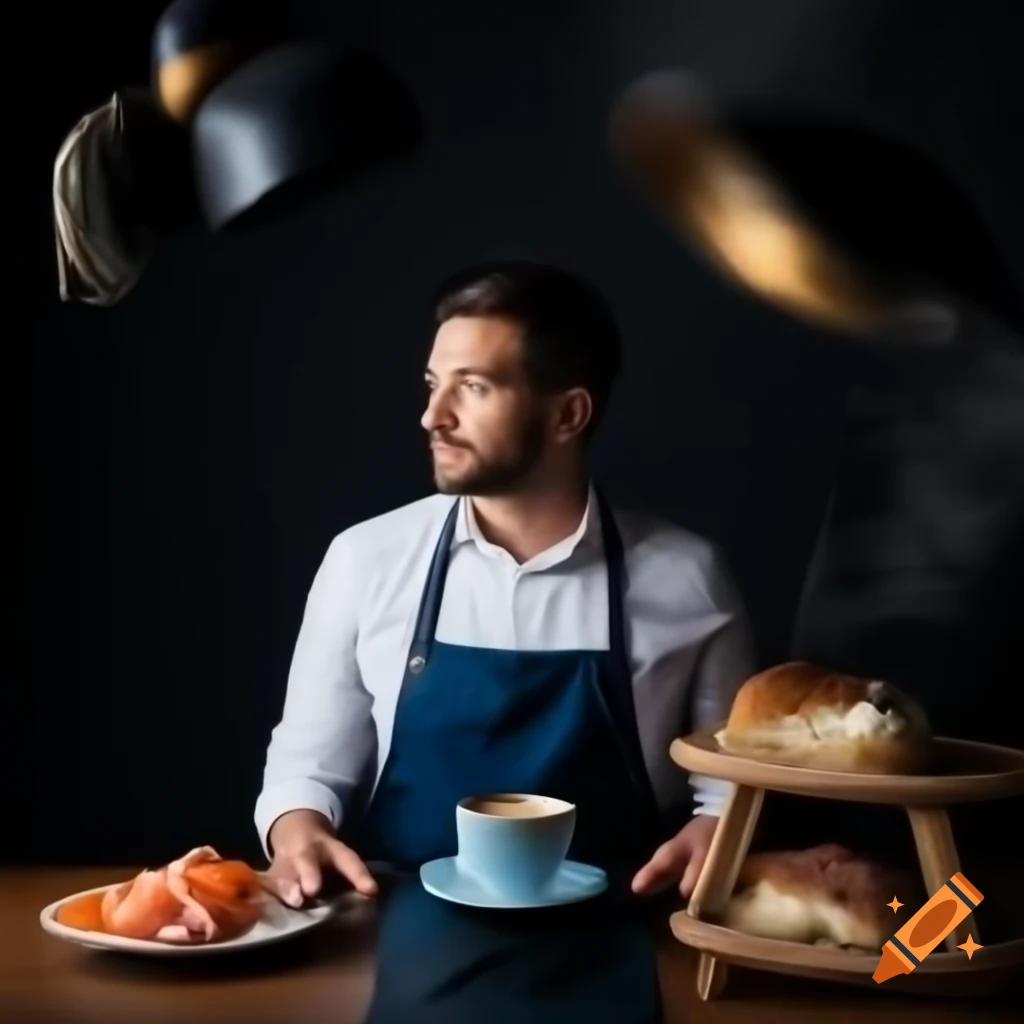 Close-up of barista presenting espresso and artisan bread on Craiyon