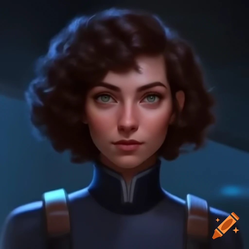 Brunette british professor with curly hair in sci-fi themed setting on ...