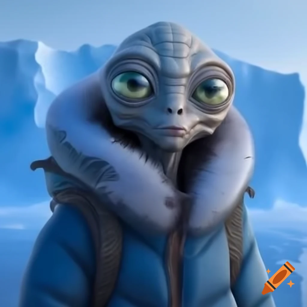 Alien wearing puffy coat in antarctica on Craiyon