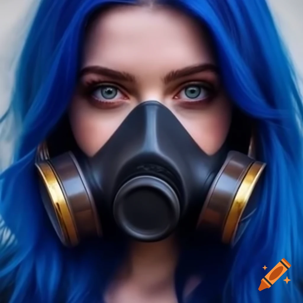 Model with blue hair wearing a full-face gas mask on Craiyon