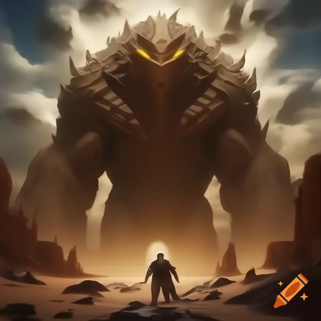 Towering sand golem creature with glowing yellow eyes and rough ...