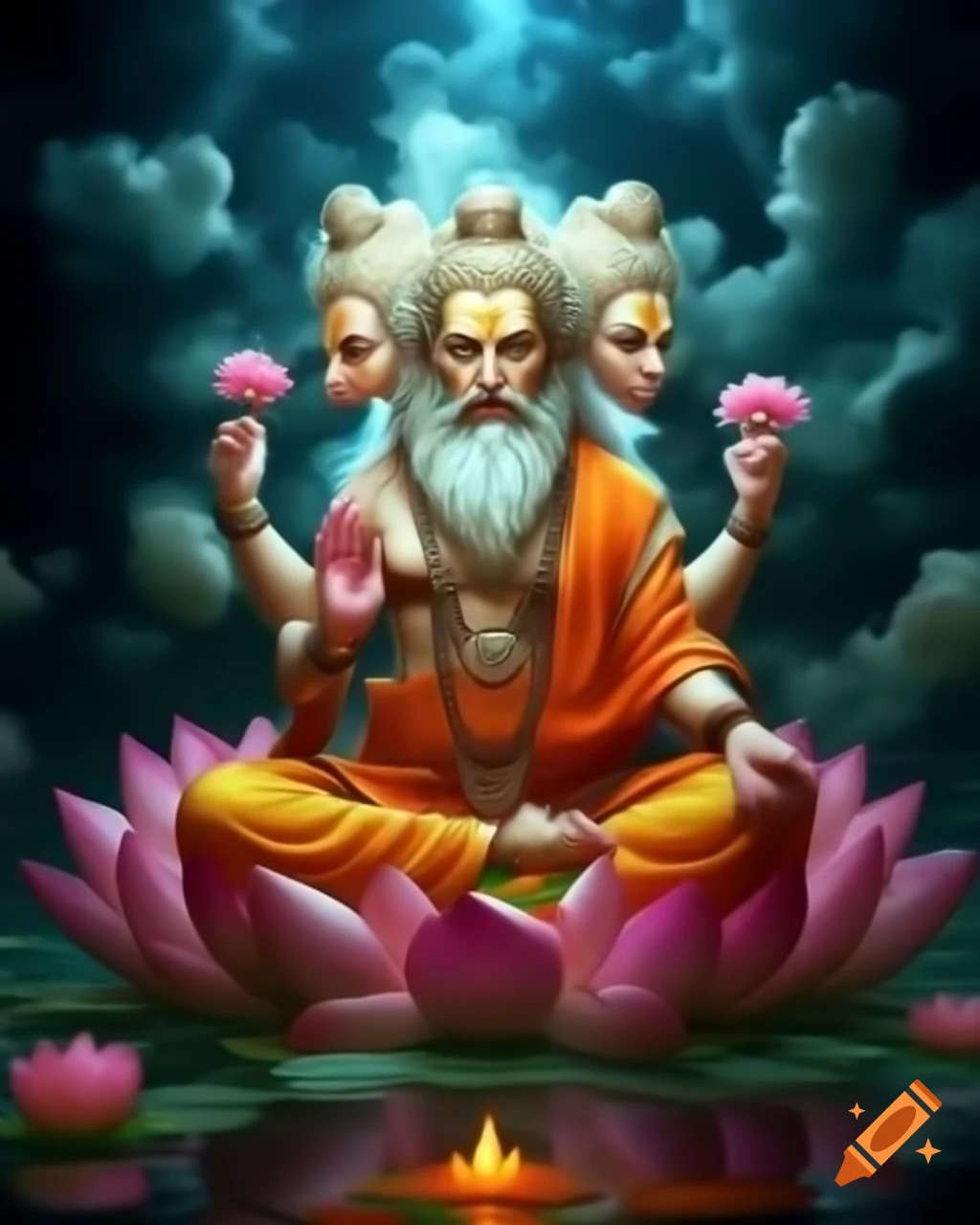 Lord Brahma seated on lotus with three heads displaying intense emotions on Craiyon