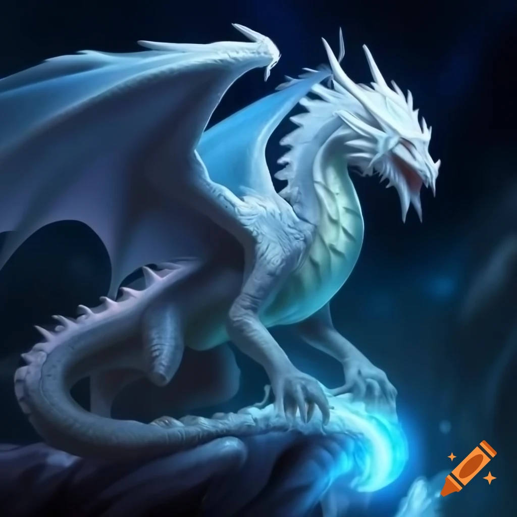 Frost dragon with ethereal blue wings gliding through starry skies on Craiyon