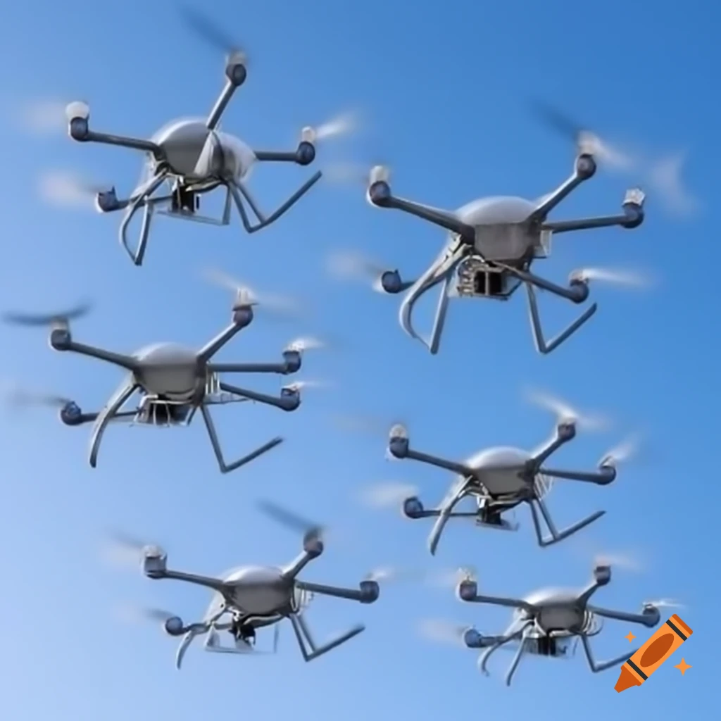 Synchronized swarm of drones mid-flight in organized formation on Craiyon