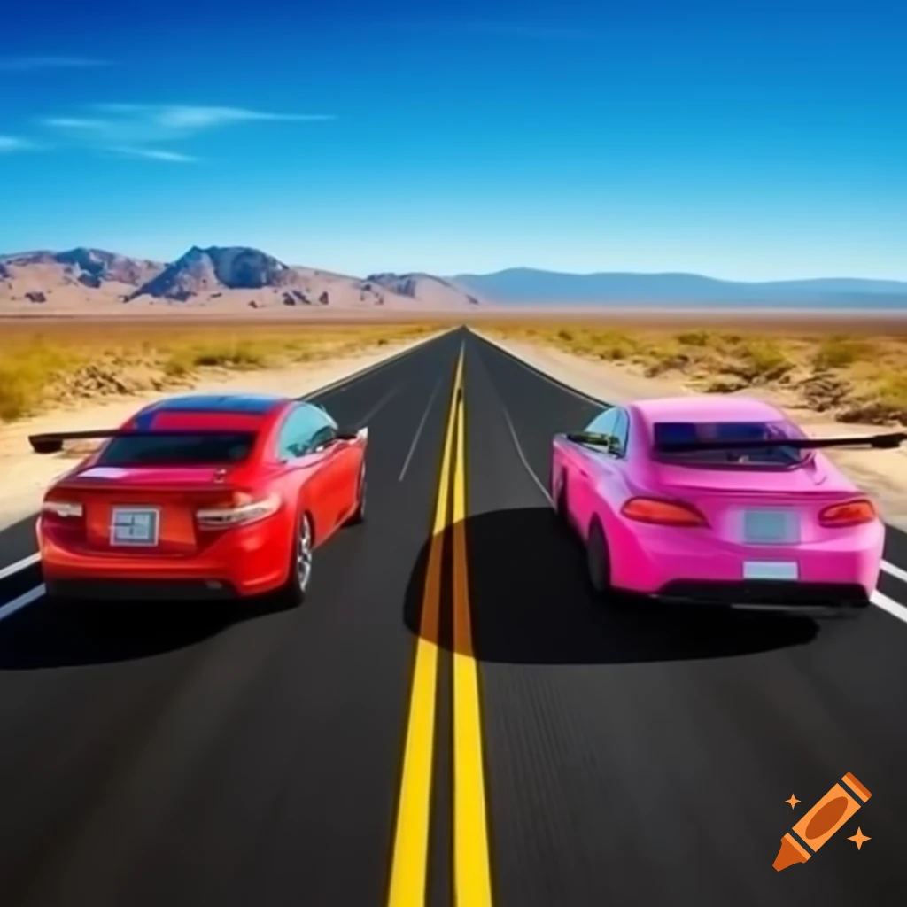 Red and pink cars racing on black road with yellow stripes in the ...
