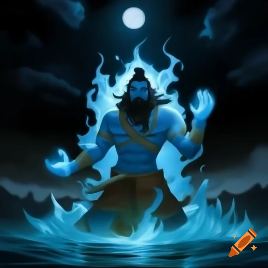 Strong man with water aura under moonlight, representing a water god on ...