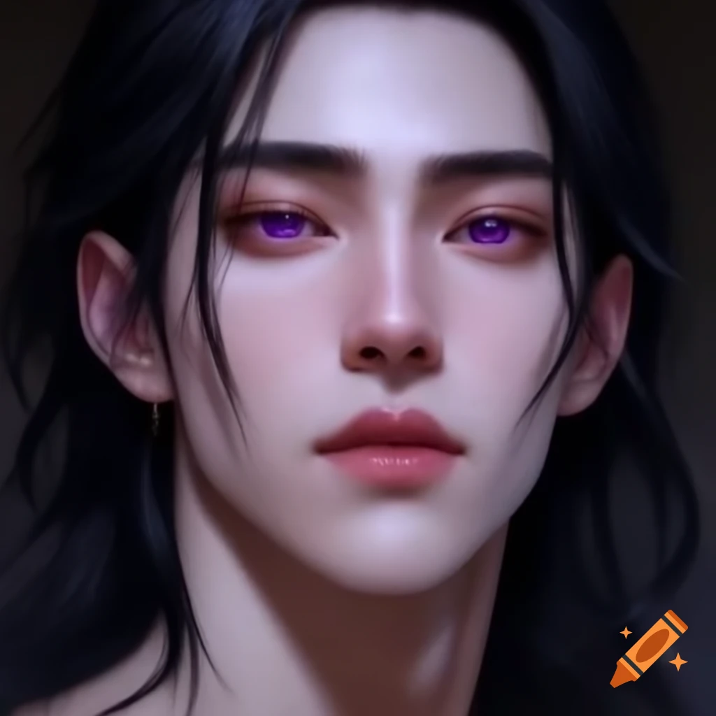 Handsome man with long black hair and purple eyes, delicate features on ...