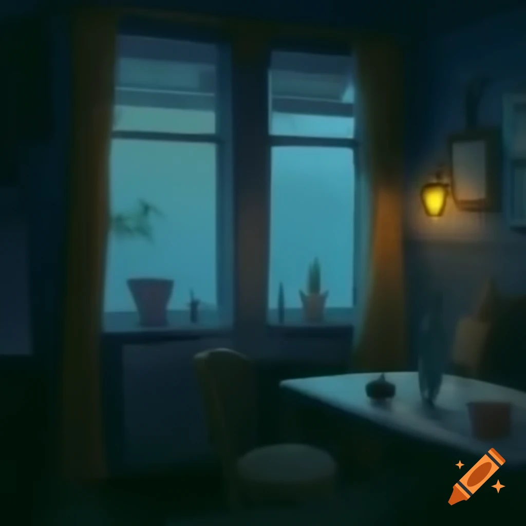 Cozy dimly lit room with vintage decor and rainy street view at night ...