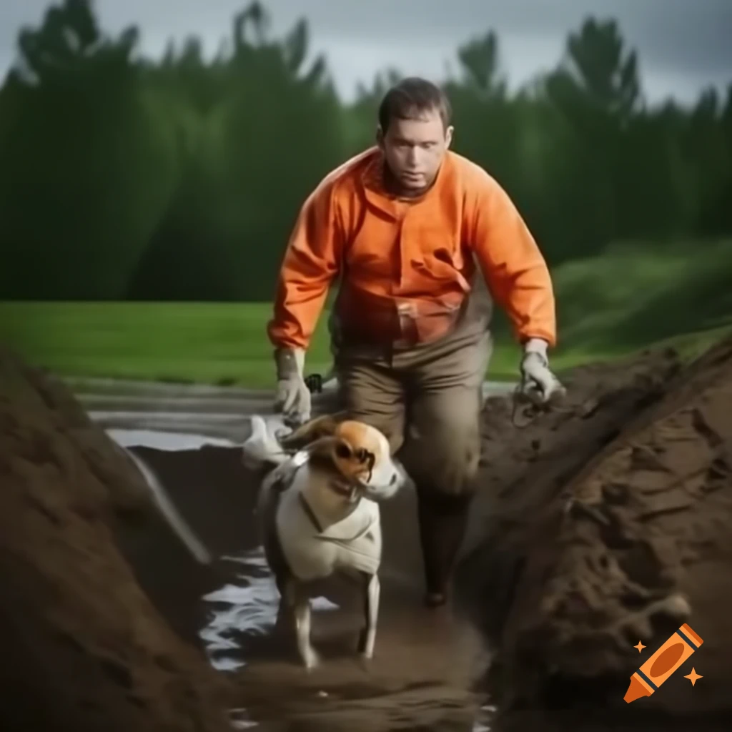 Injured dog in muddy ditch with rescuer approaching on rainy day on Craiyon