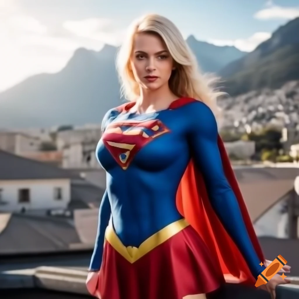 Concept art of supergirl on a roof in mountain town, observing below on Craiyon