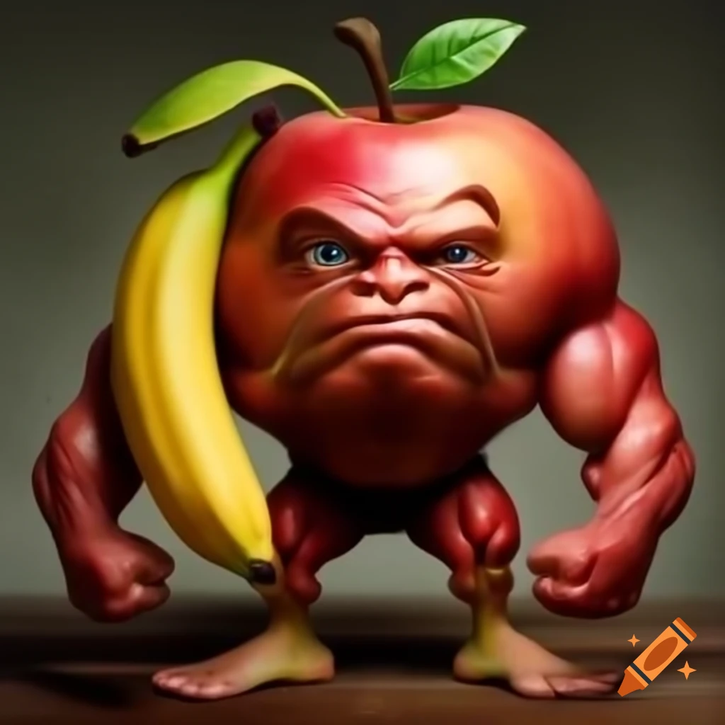 Muscular anthropomorphic apple carrying a banana on Craiyon