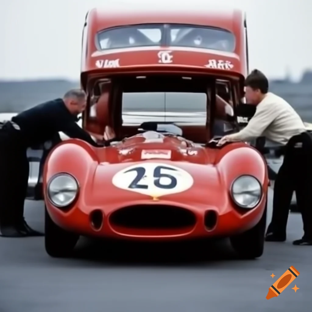 1958 vintage red race car number 36 in large van on Craiyon
