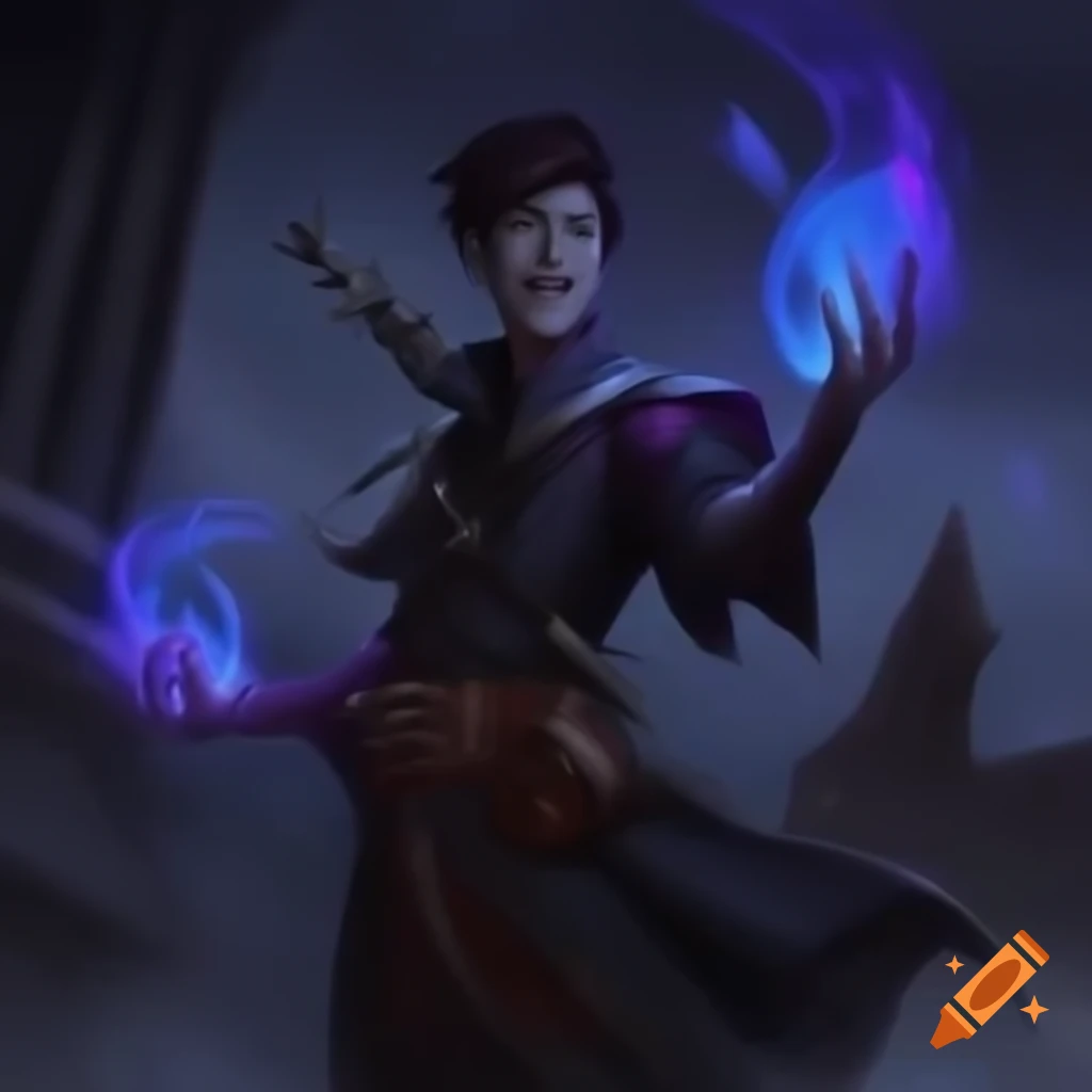 Powerful warlock with spellbook under twilight, glowing mystic robes on ...
