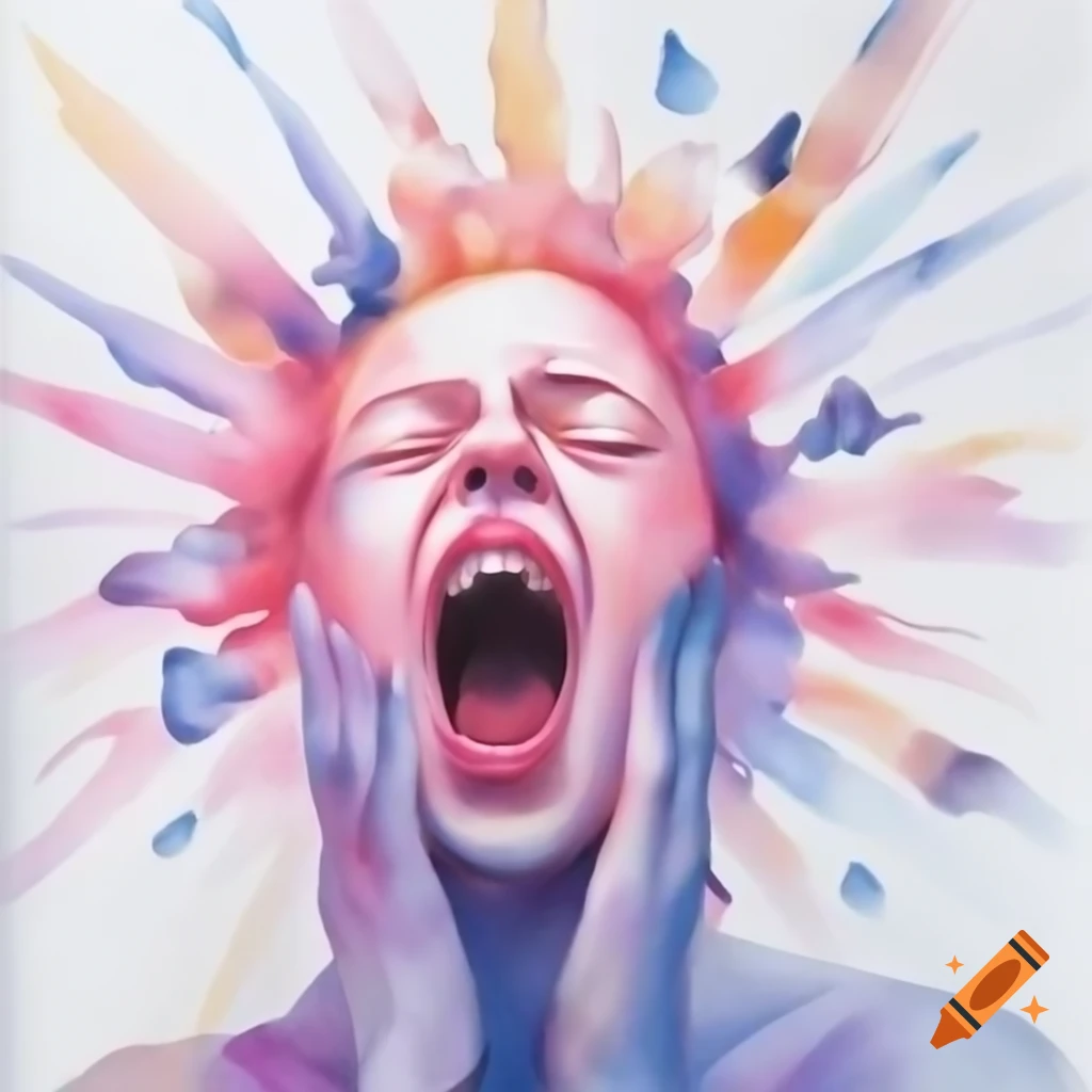 Pastel silhouette of person screaming with chaotic sky in watercolor ...