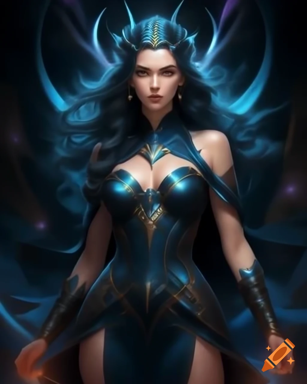 Cosmic sorceress in shimmering dark suit with glowing runes and staff on Craiyon